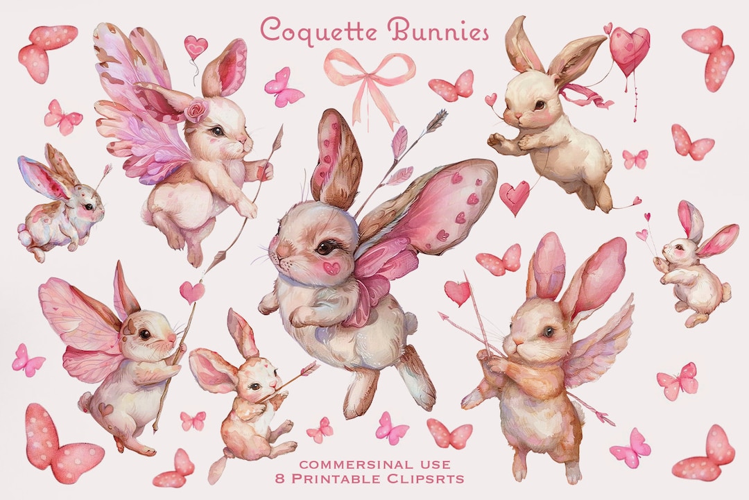 Coquette Bunnies 8 Clipart, Pink Bunny Trendy Coquette Png Printable ...