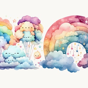 Rainbow Clouds, Watercolor Clip Art Set, Pastel Colors, Cute, Baby ...