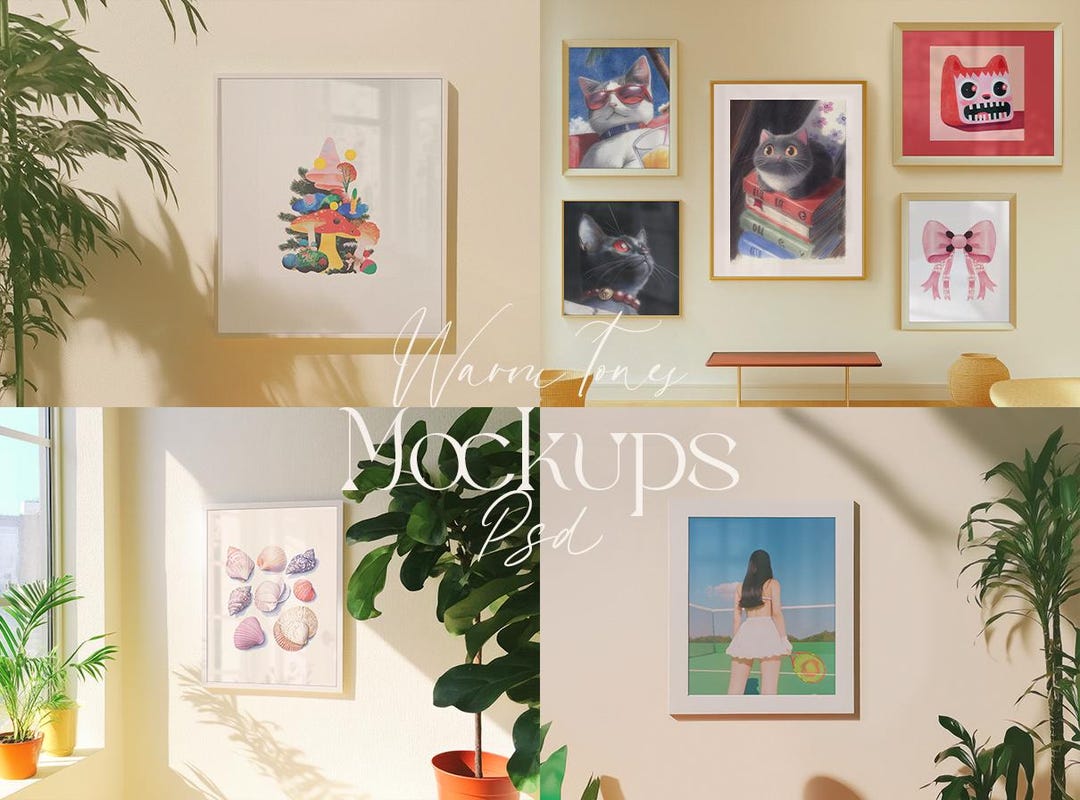 Warm Tones Mockups, 4 PSD Mockups, PNG Wall Art Gallary Mockup ...