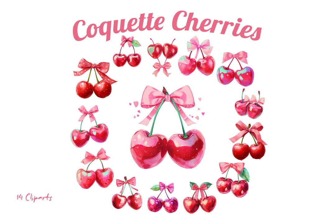 14 Coquette Cherries Clipart, Trendy Cute Pink, Ribbons, Bow, Soft Girl ...