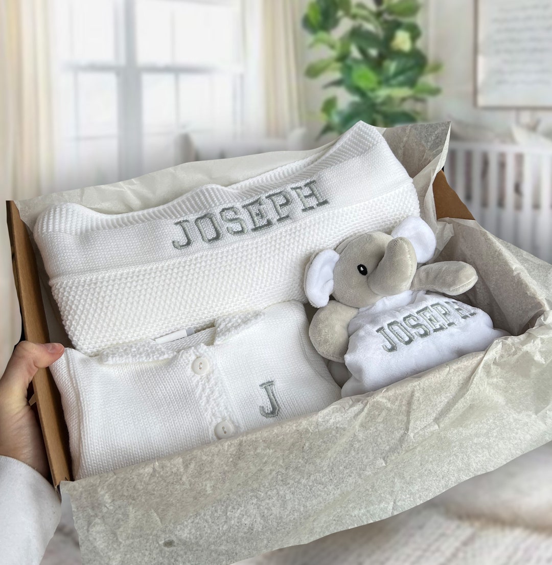 Personalised Newborn Baby Welcome Home Gift Set, White Knitted Cardigan ...