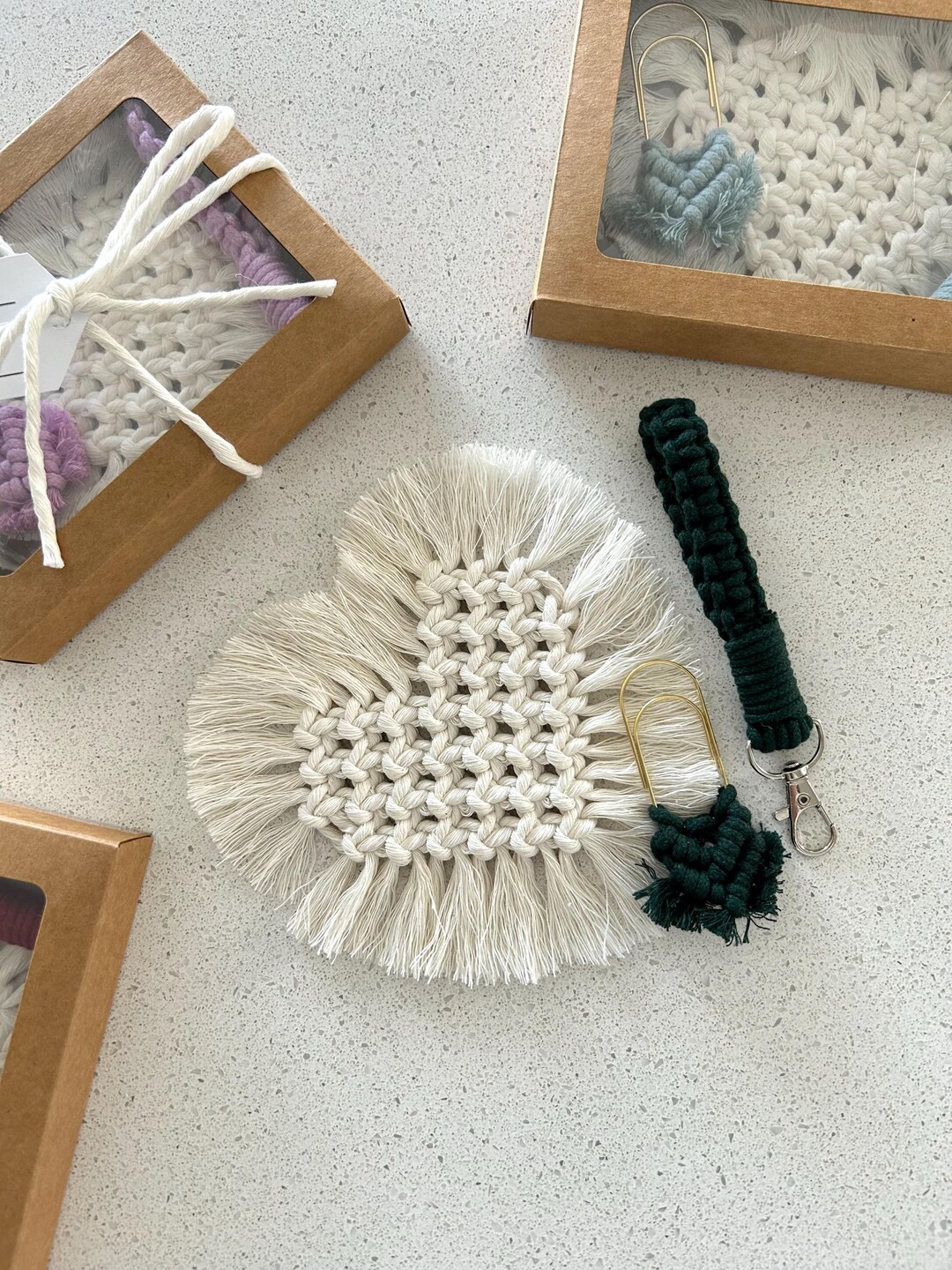Boho Macrame Gift Bundle – Handmade Heart Coaster, Paperclip Bookmark ...