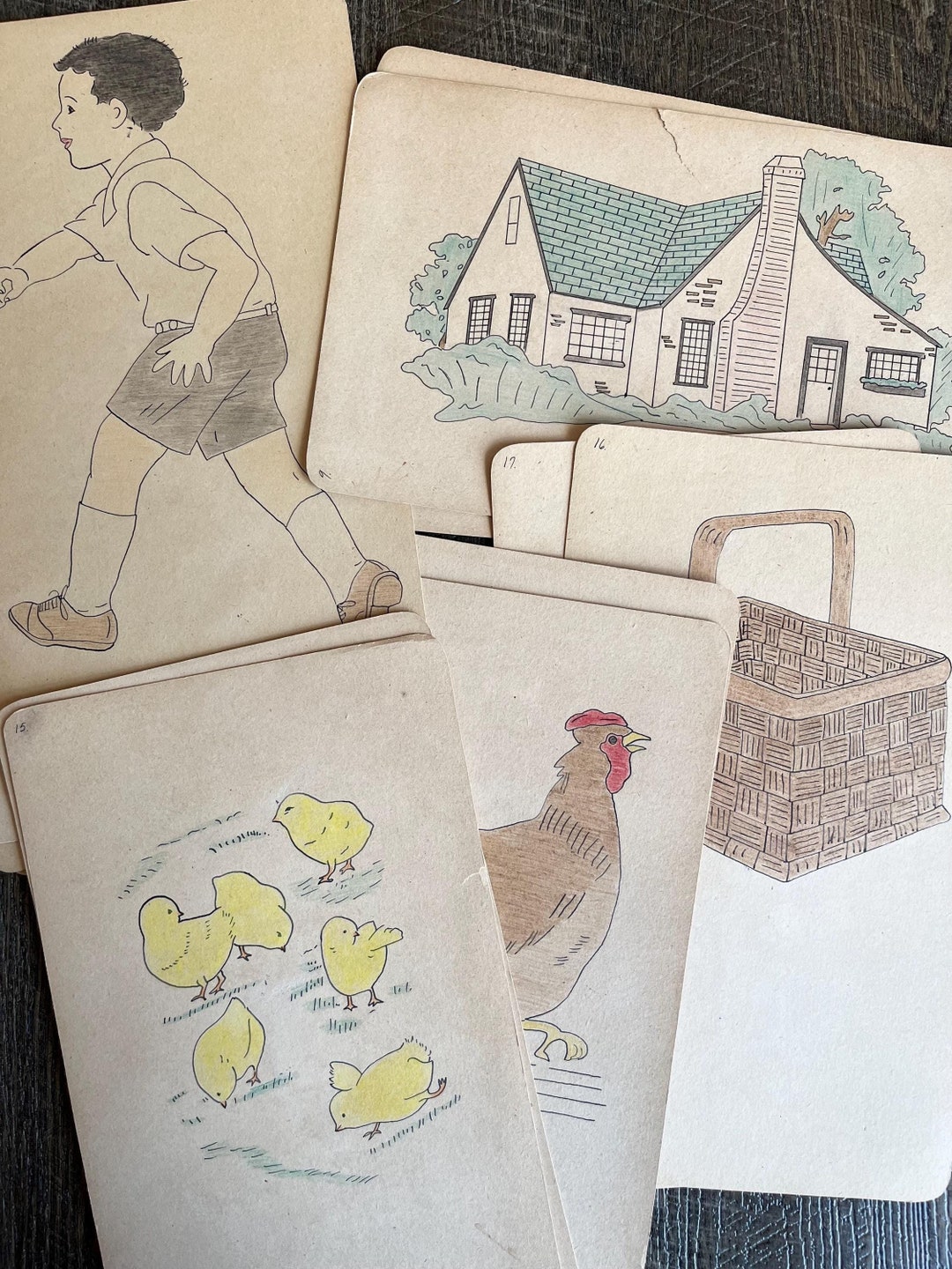 Set of 16 Antique Hand Drawn Large Flashcards - Vintage Education Decor ...