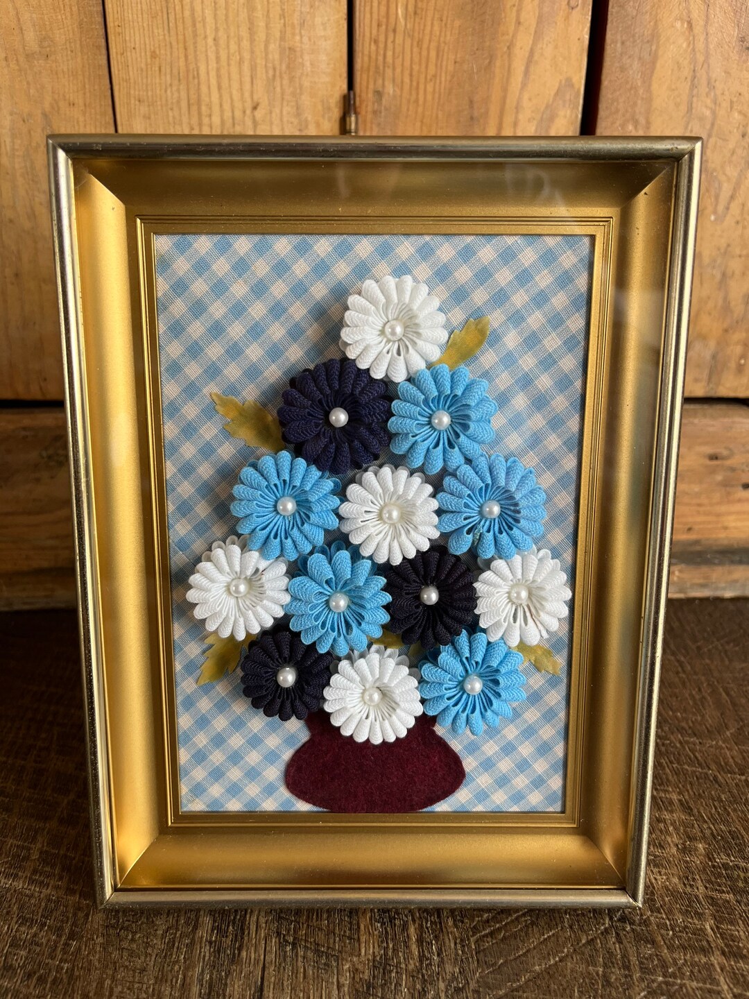 1970 Rick Rack Flower Art in Gold Frame Vintage Handmade Blue Gingham ...