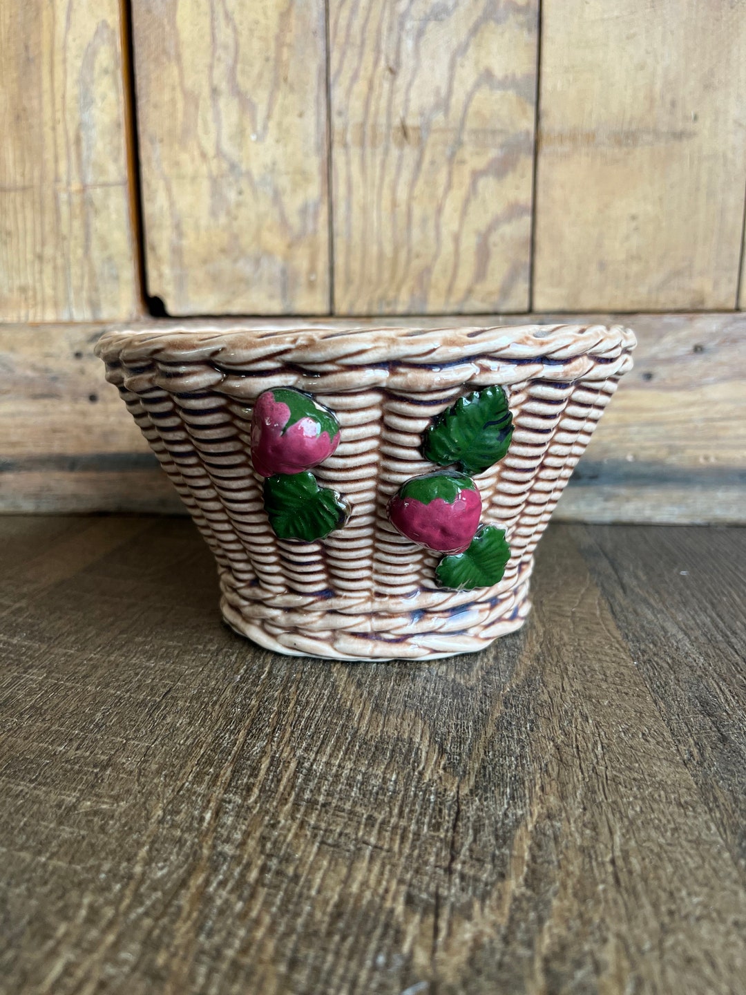 Vintage Ceramic Strawberry Basket Planter - Faux Woven Basket ...