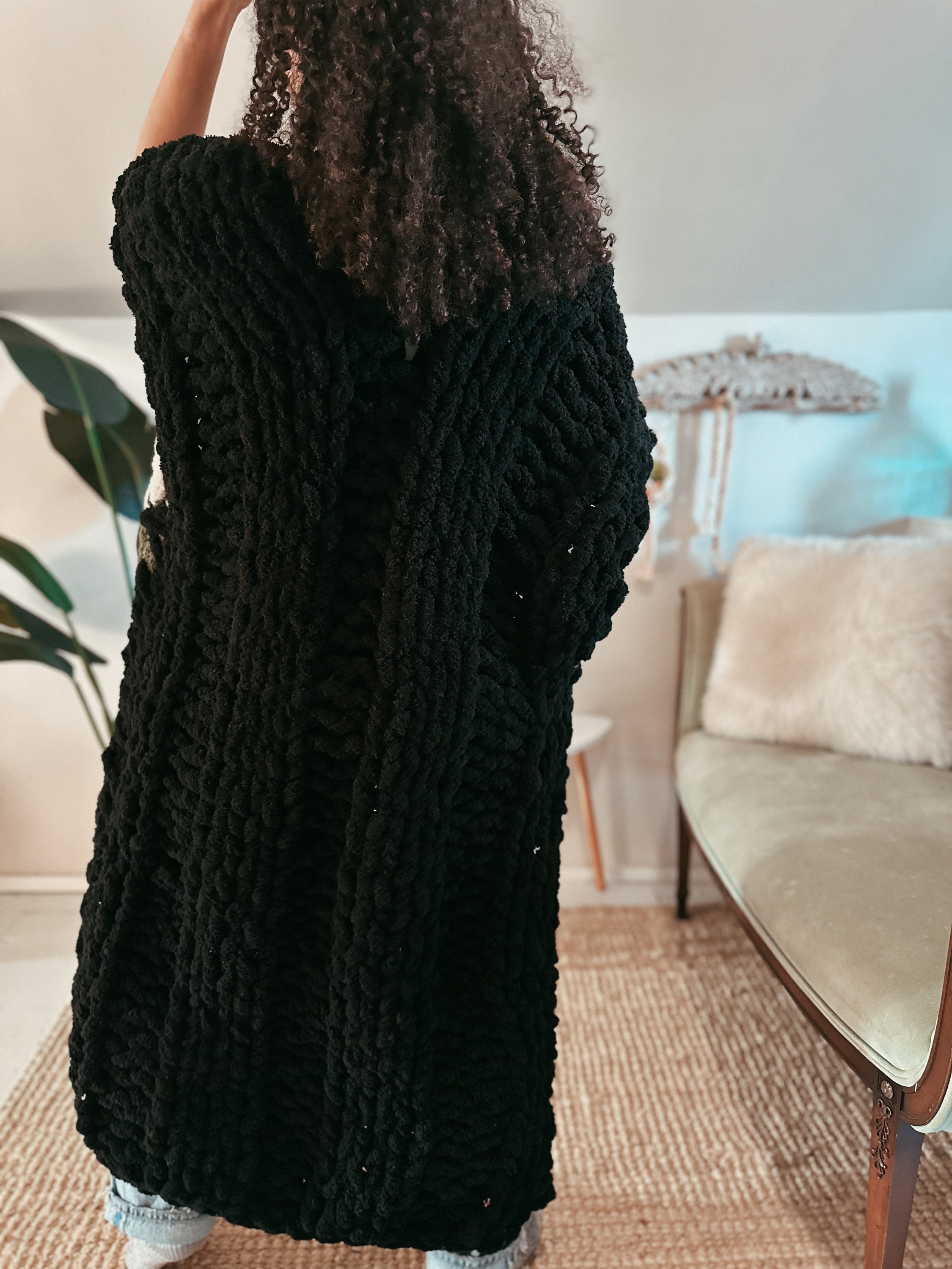 Chunky Chenille Knit Duster (black/green) - Etsy