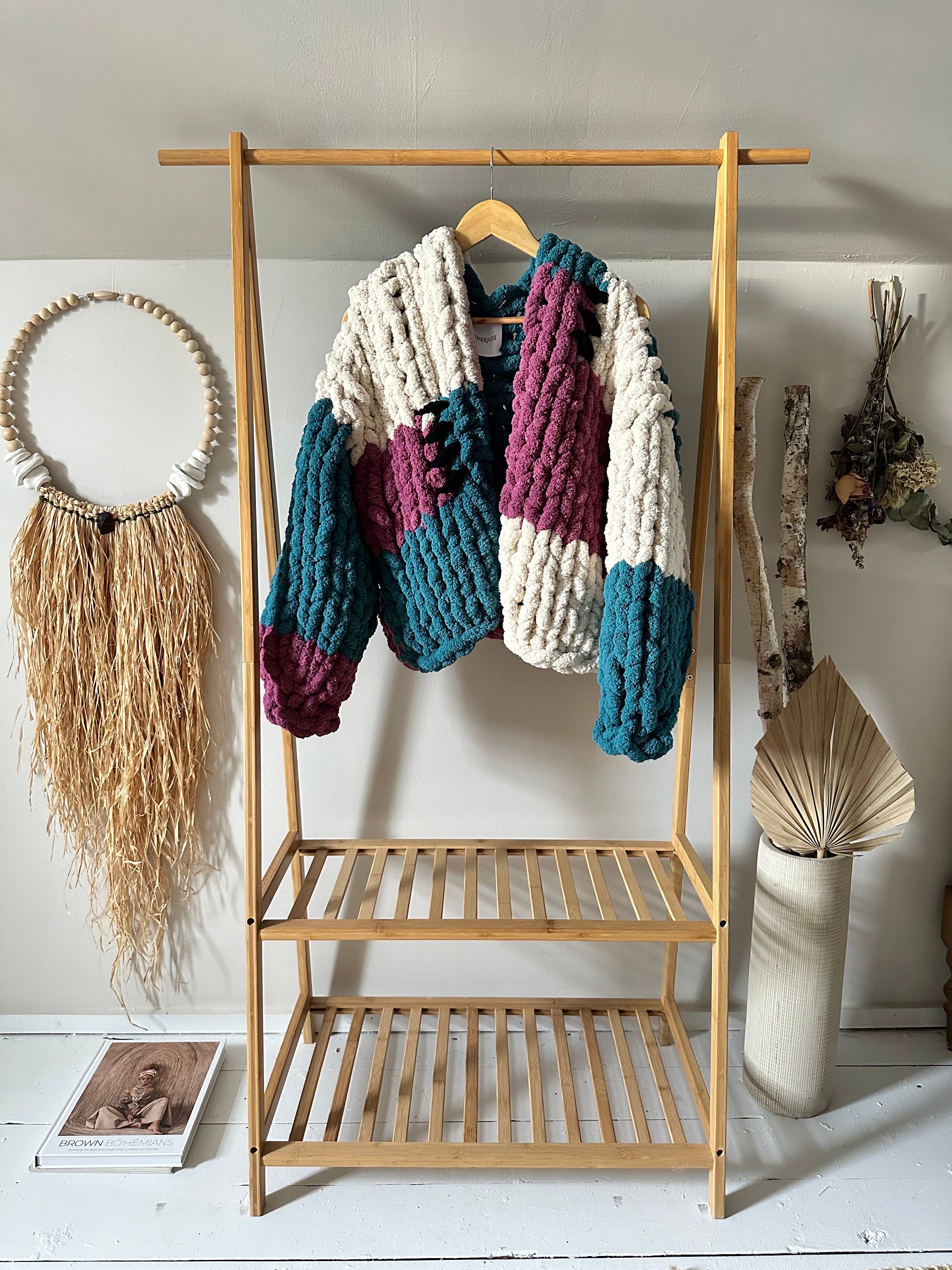 LARGE Chunky Chenille Knit Jacket teal/raspberry - Etsy