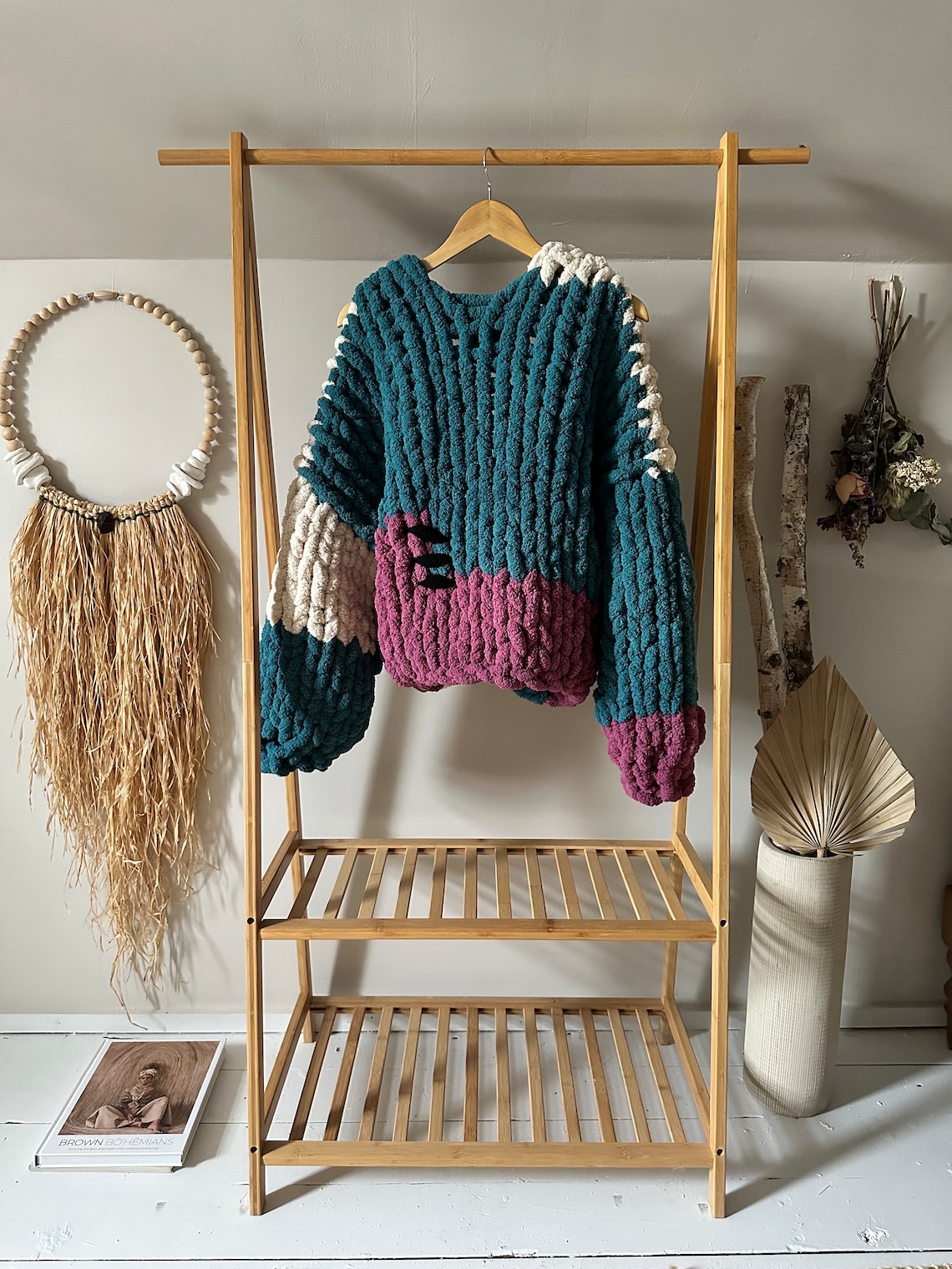 LARGE Chunky Chenille Knit Jacket teal/raspberry - Etsy