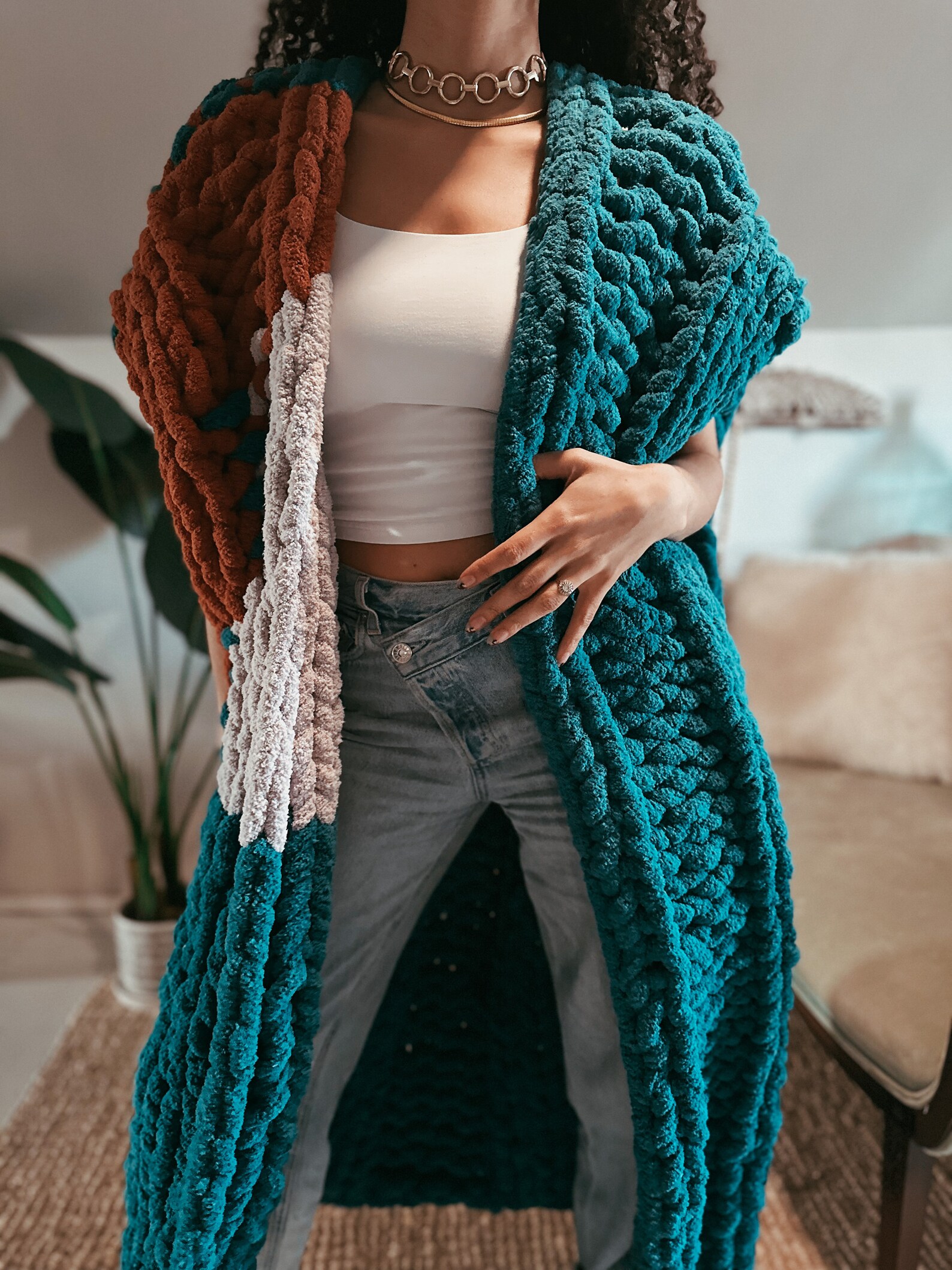 Chunky Chenille Knit Duster teal/orange - Etsy