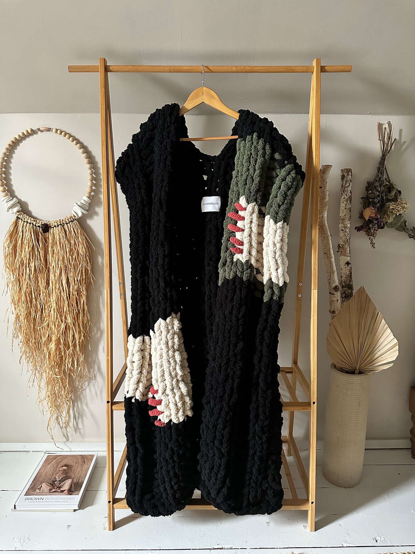 Chunky Chenille Knit Duster (black/green) - Etsy