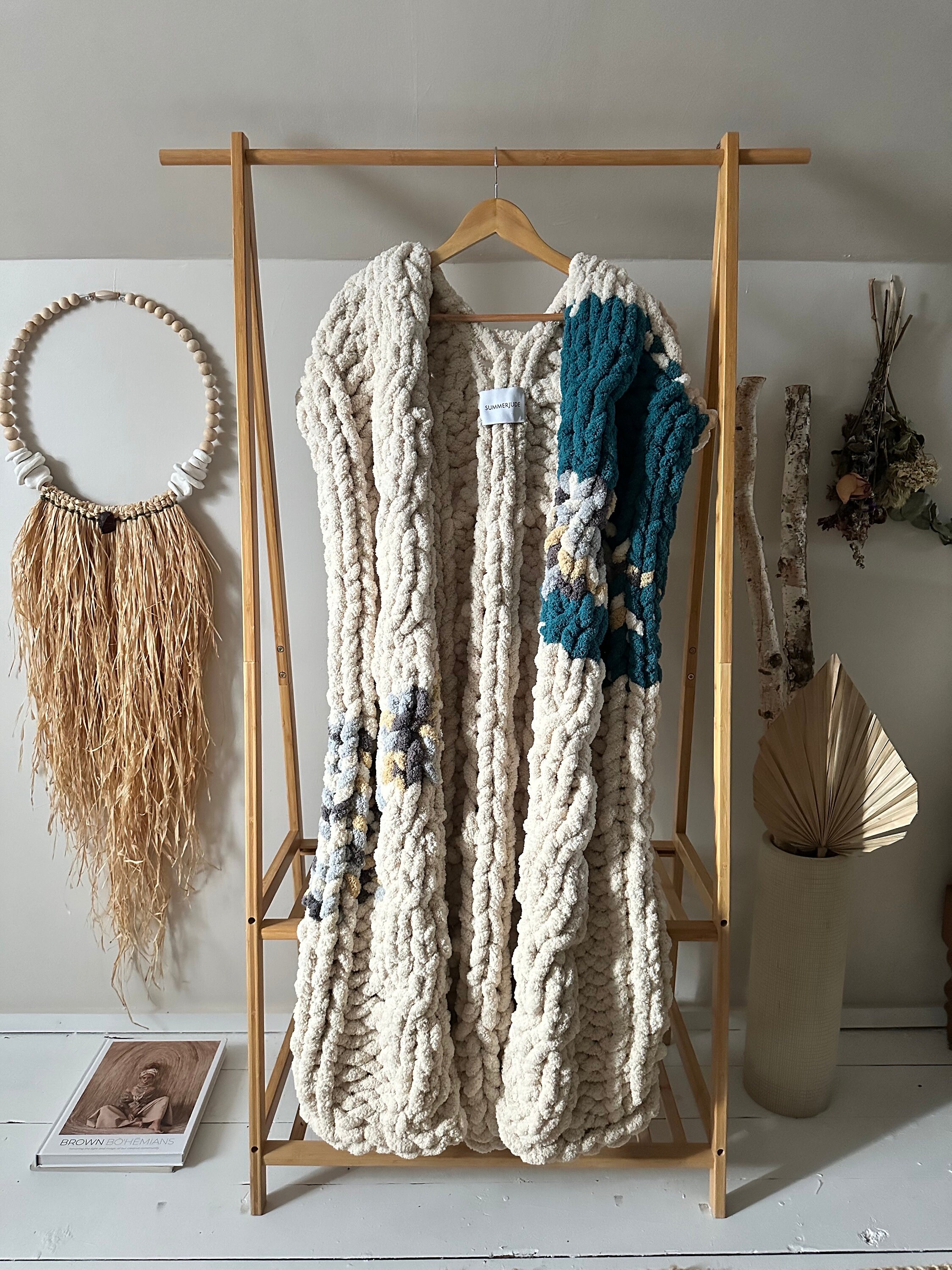 Chunky Chenille Knit Braided Duster cream/teal - Etsy
