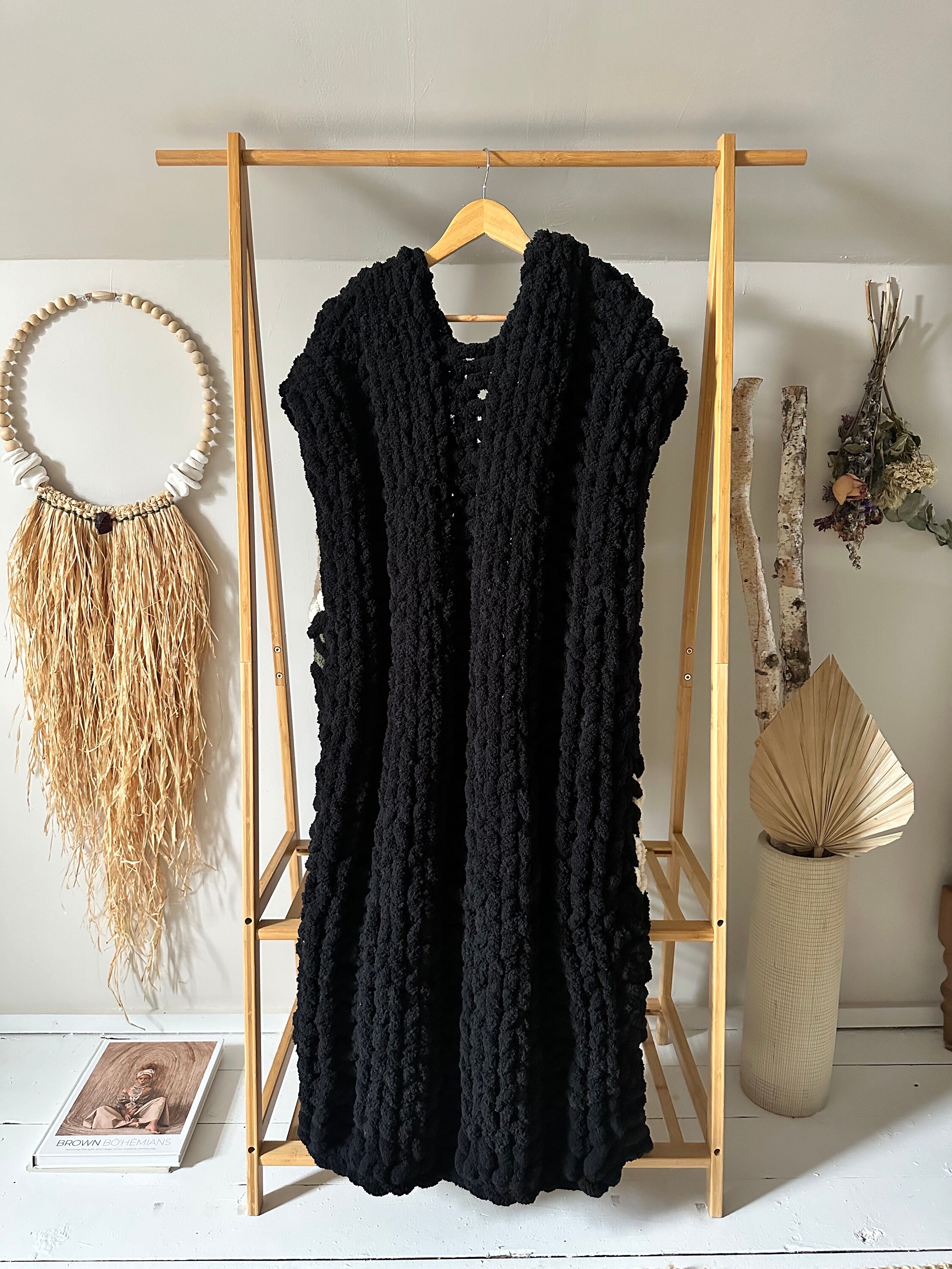 Chunky Chenille Knit Duster (black/green) - Etsy