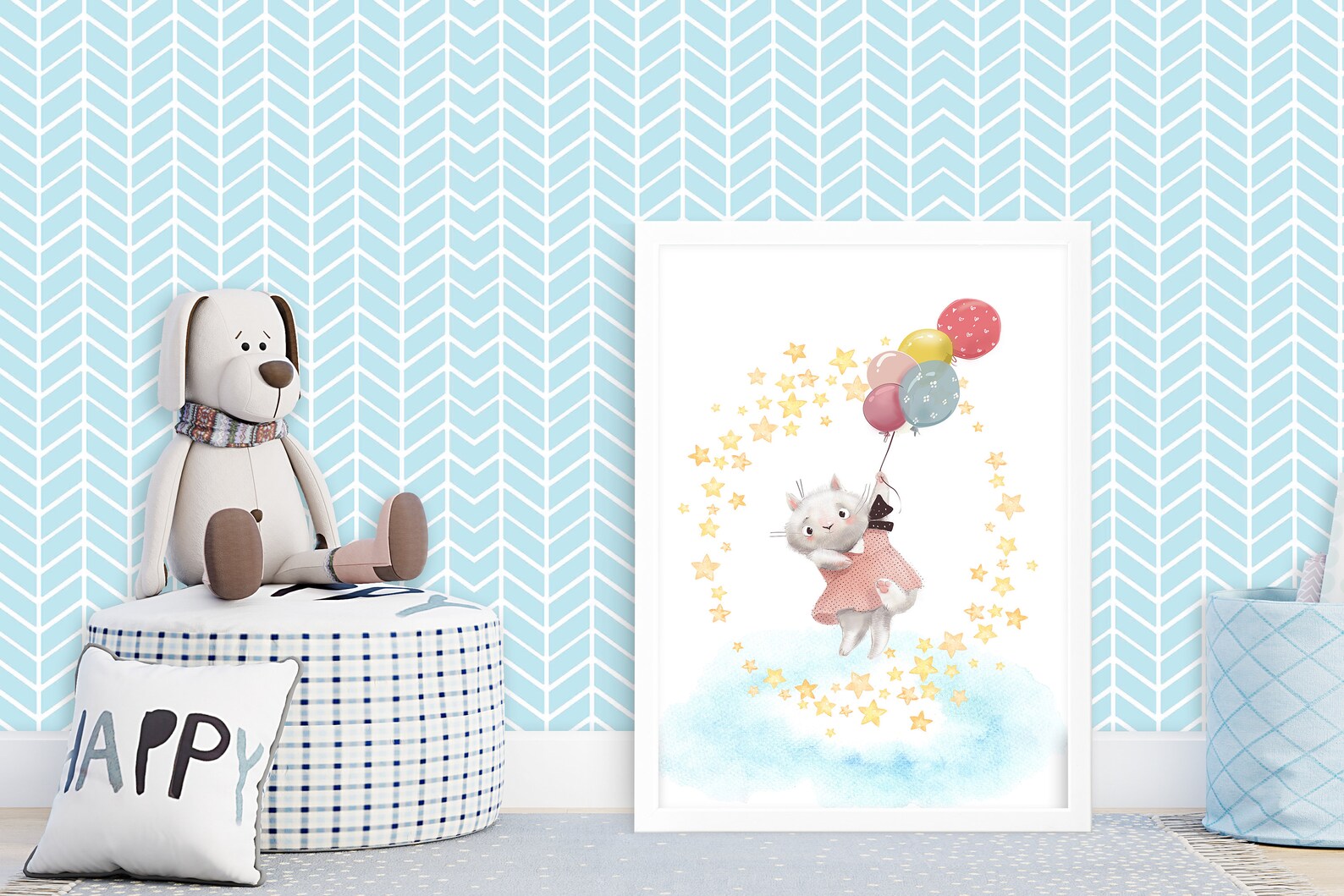 Nursery Wall Art, Cat Flying in the Sky With Balloons, Great Baby ...