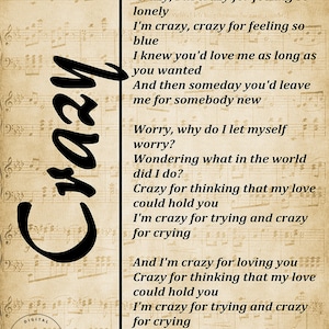 Song Lyrics Print - Crazy, Patsy Cline Wall Art Print, Digital Picture ...