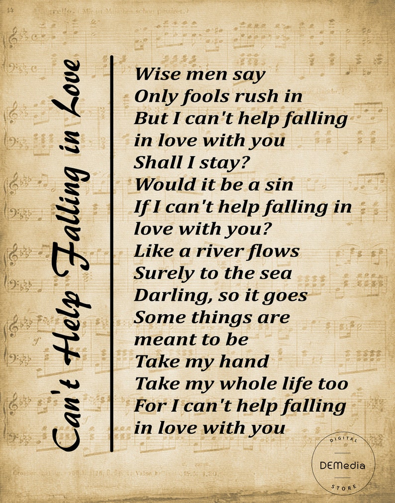 Can't Help Falling in Love Lyrics Print: Elvis Presley Song (digital ...