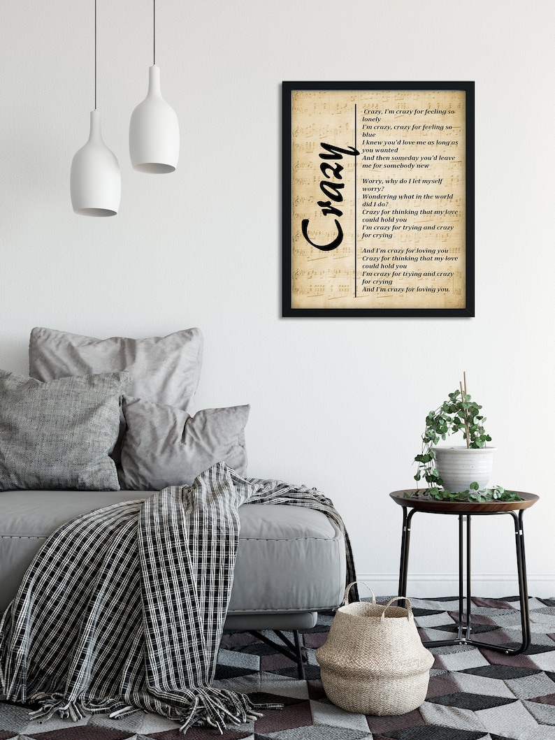 Song Lyrics Print Crazy Patsy Cline Wall Art Print Digital - Etsy