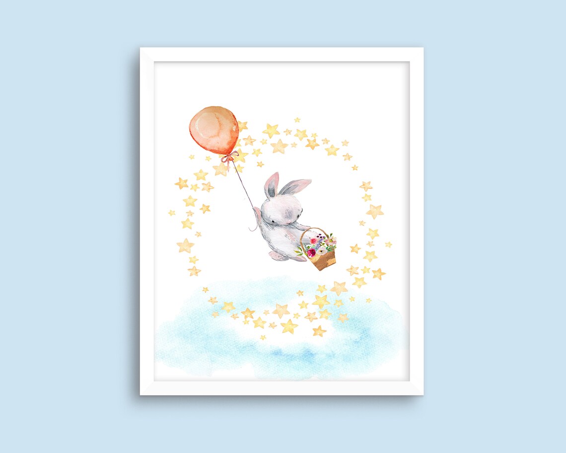 Nursery Wall Art, Bunny Flying in the Sky With Balloon, Great Baby ...