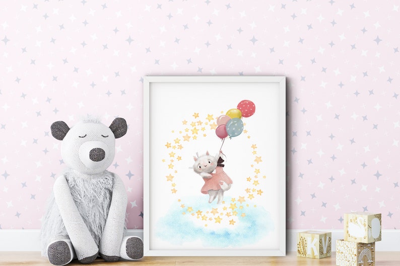 Nursery Wall Art, Cat Flying in the Sky With Balloons, Great Baby ...