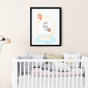 Nursery Wall Art, Bunny Flying in the Sky With Balloon, Great Baby ...