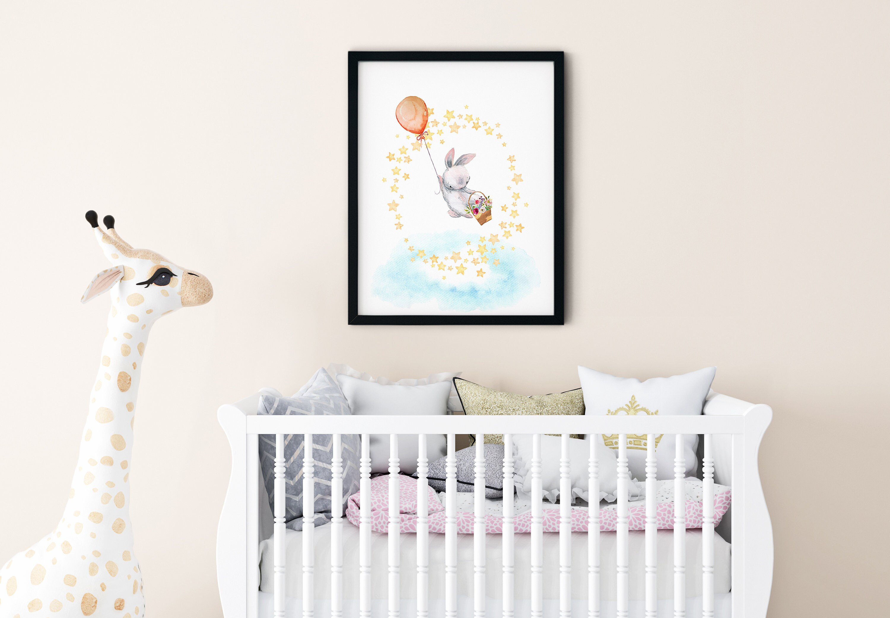 Nursery Wall Art, Bunny Flying in the Sky With Balloon, Great Baby ...