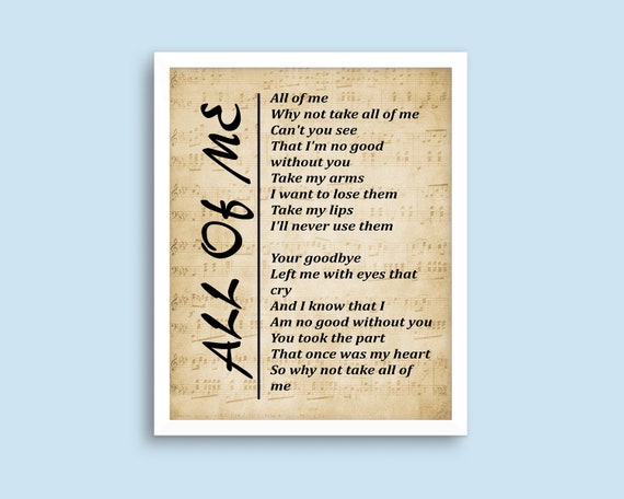 Song Lyrics Print All of Me Wall Art Print Digital Picture | Etsy