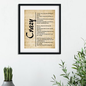 Song Lyrics Print - Crazy, Patsy Cline Wall Art Print, Digital Picture ...