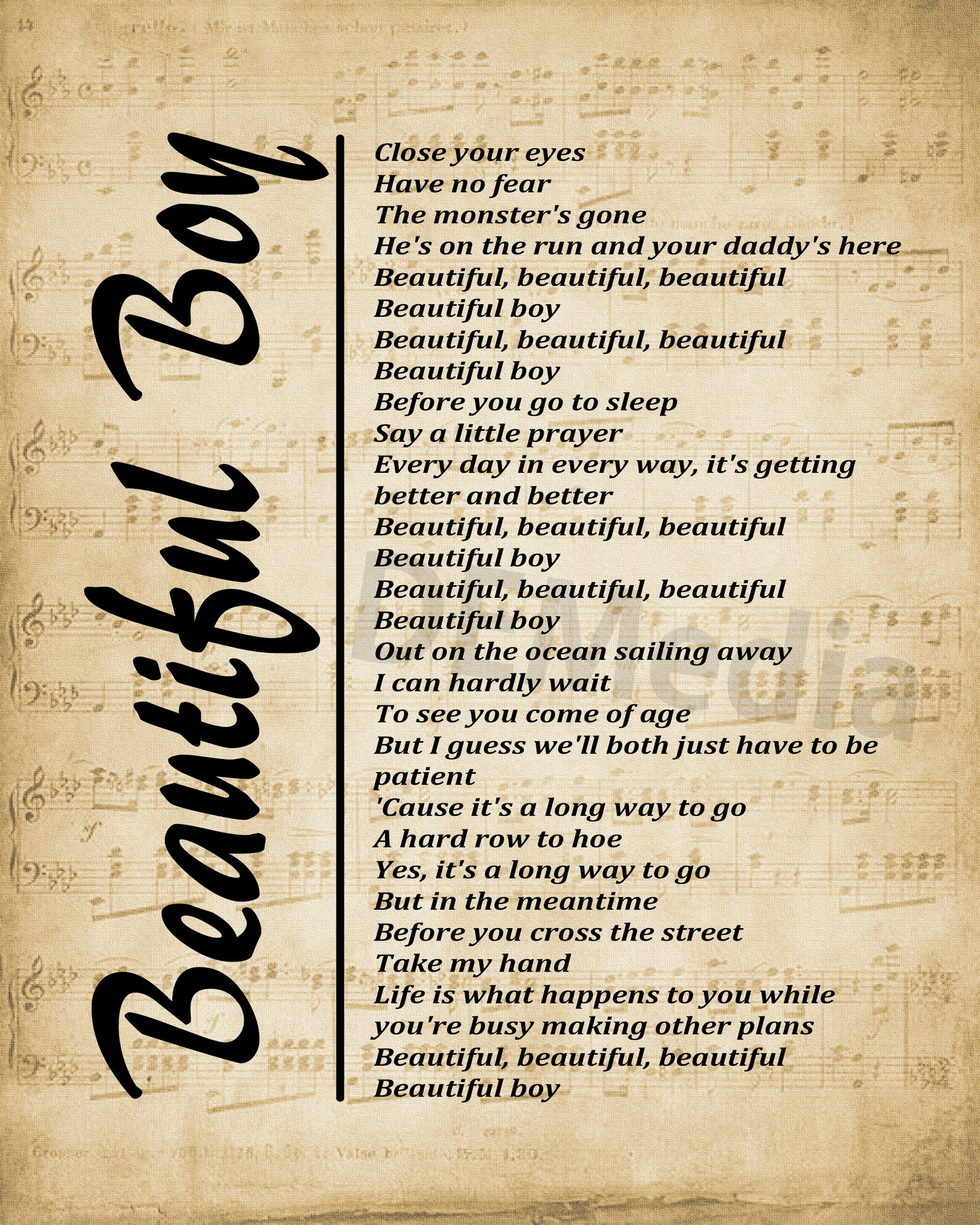 Beautiful Boy Lyrics on Sheet Music, Lyrics Picture Print Wall Décor ...