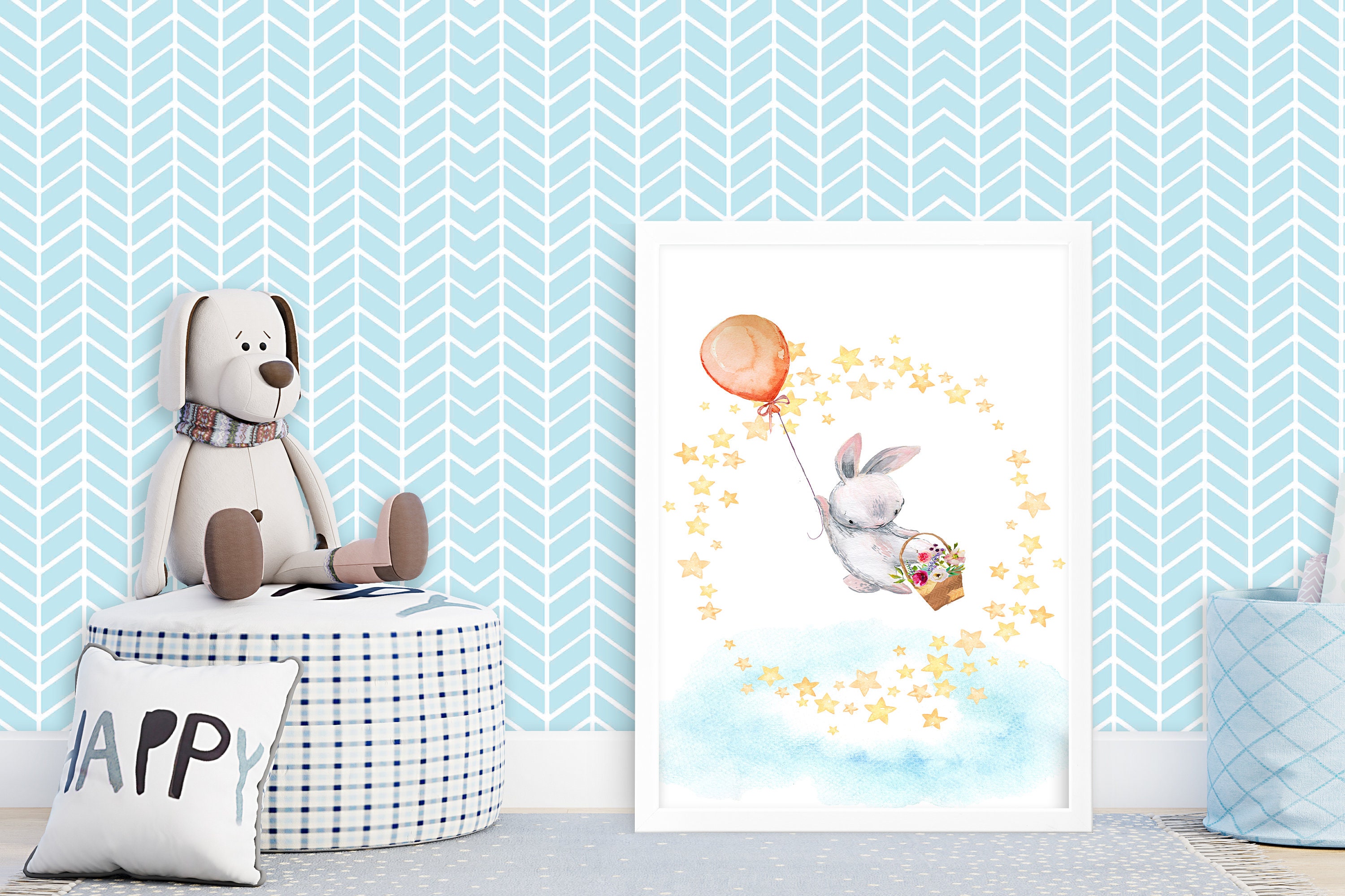 Nursery Wall Art, Bunny Flying in the Sky With Balloon, Great Baby ...