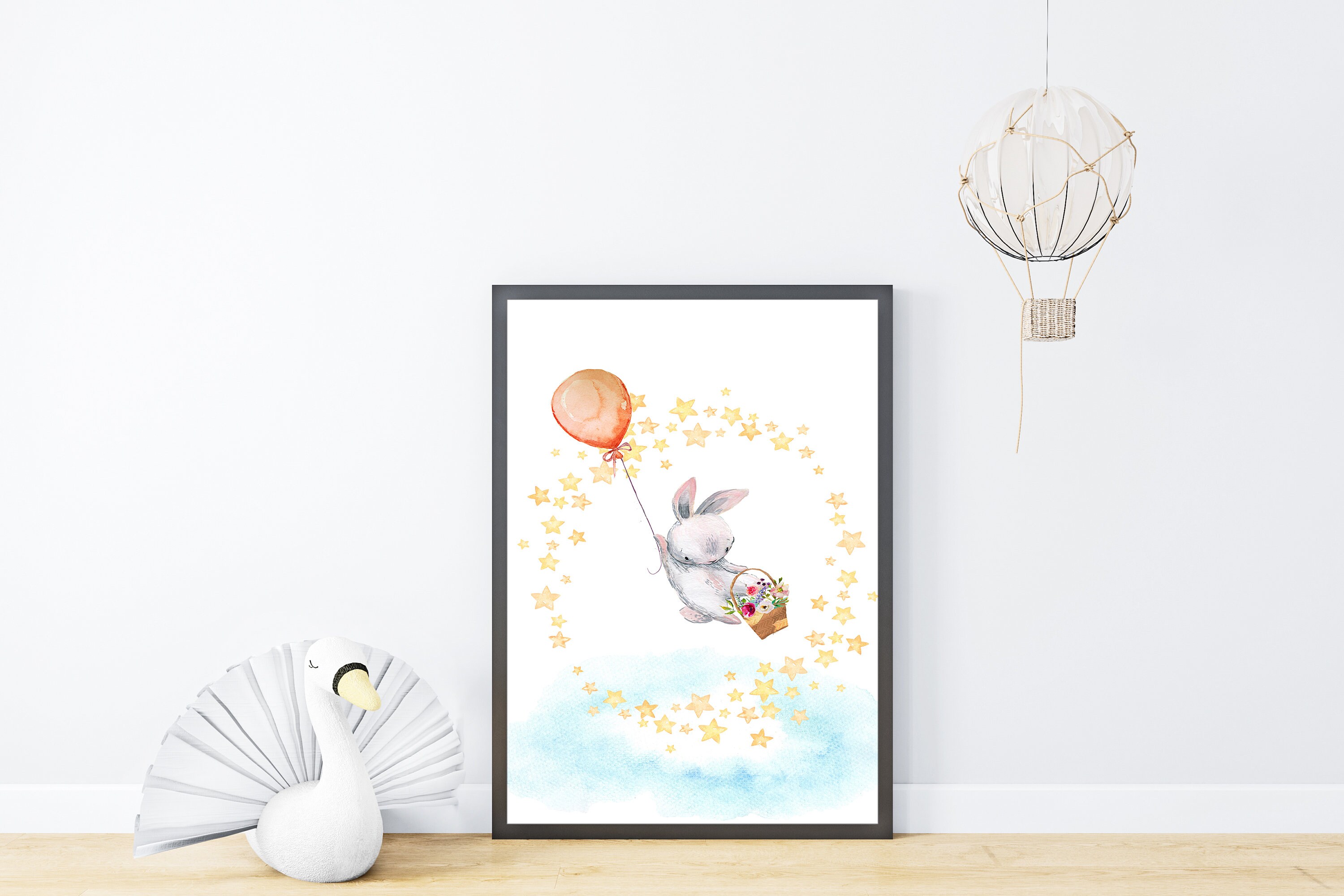 Nursery Wall Art, Bunny Flying in the Sky With Balloon, Great Baby ...