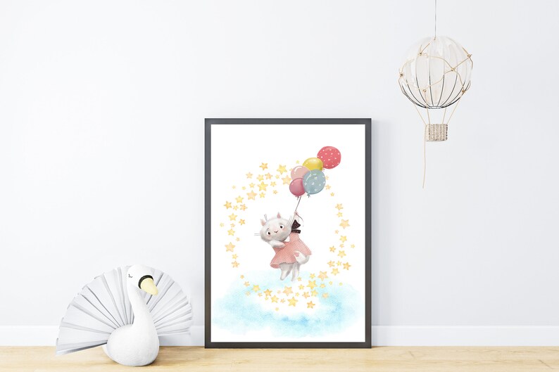 Nursery Wall Art, Cat Flying in the Sky With Balloons, Great Baby ...