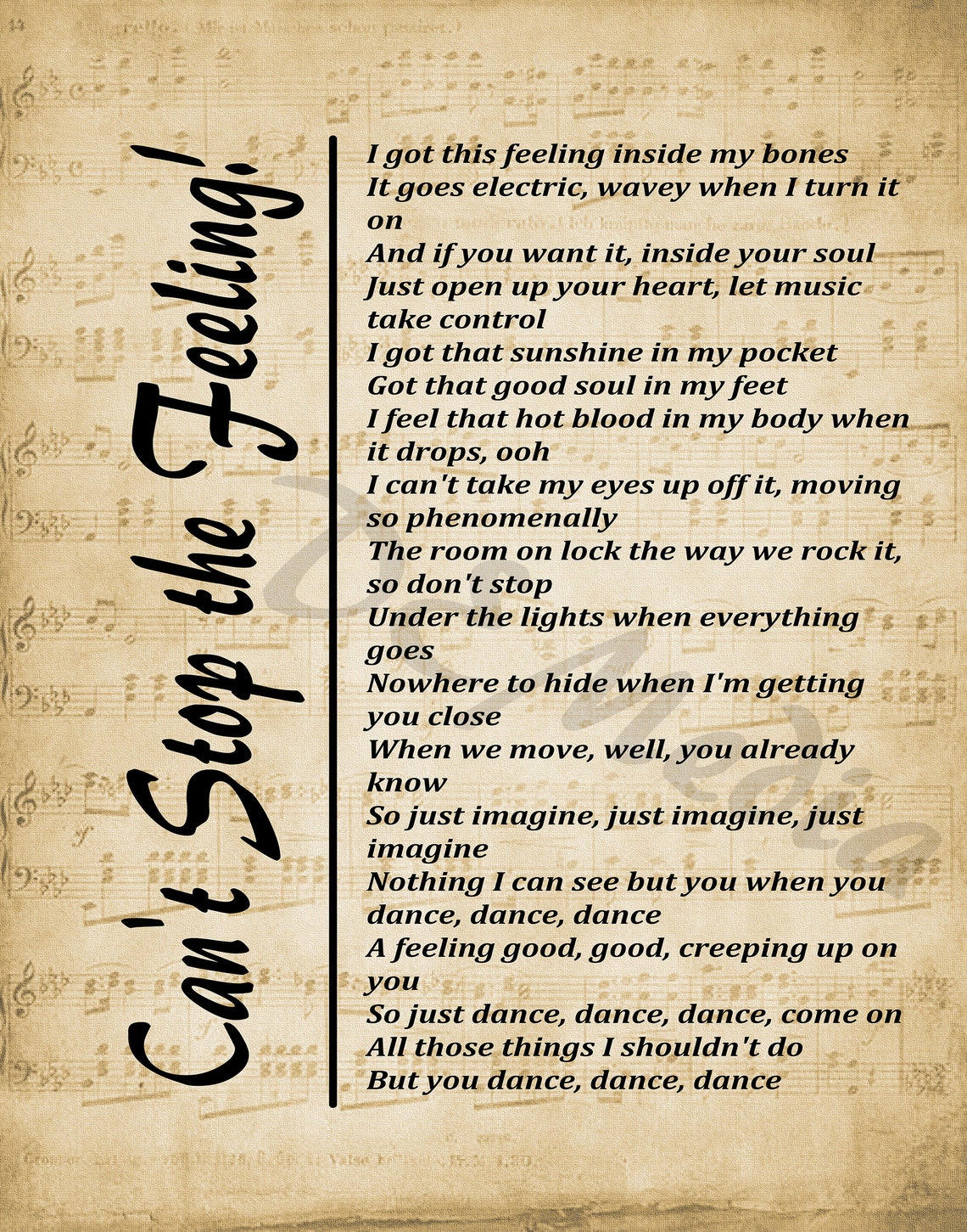 Music Lyrics Wall Art, Can't Stop This Feeling on Sheet Music ...