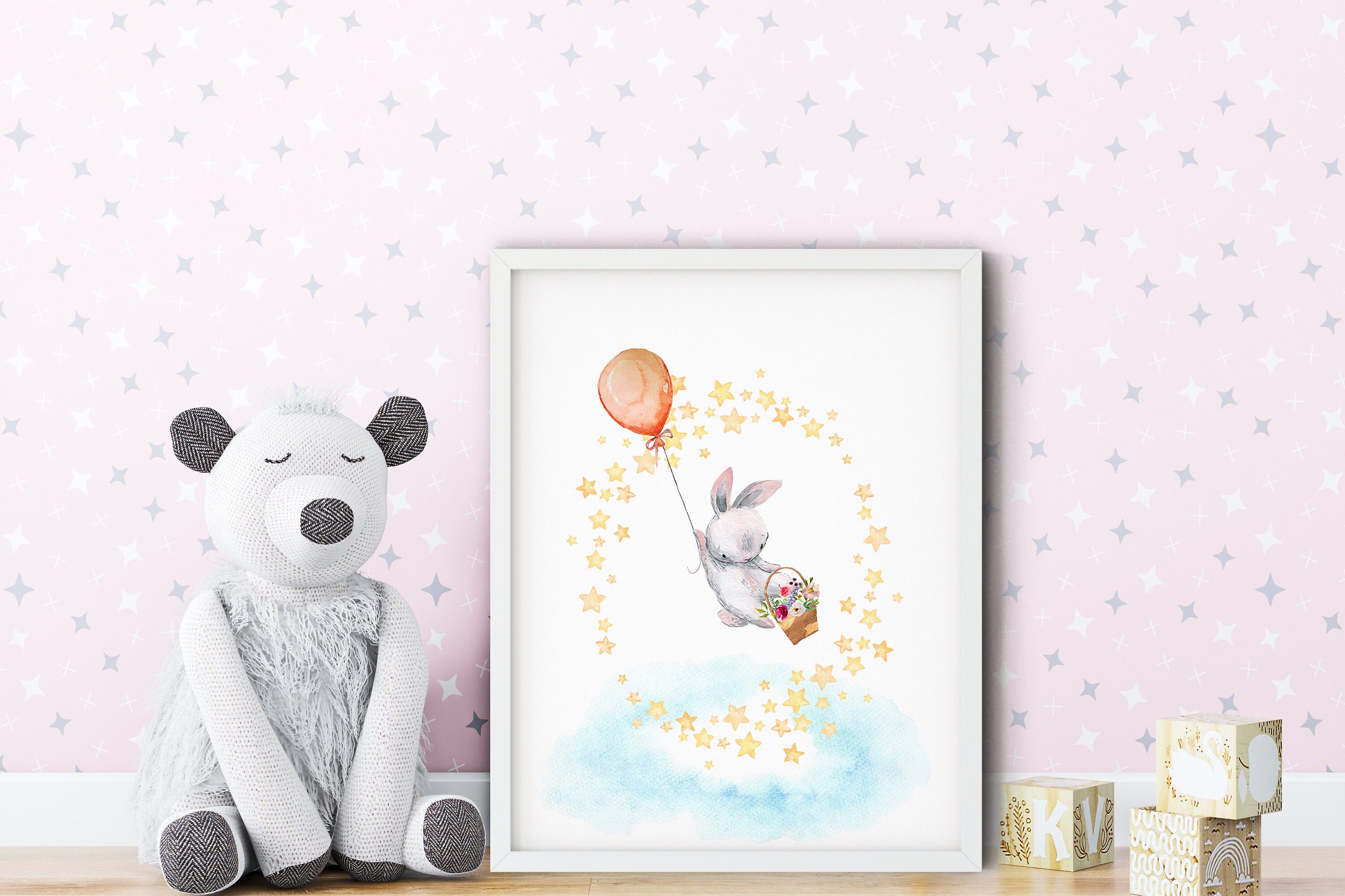 Nursery Wall Art, Bunny Flying in the Sky With Balloon, Great Baby ...