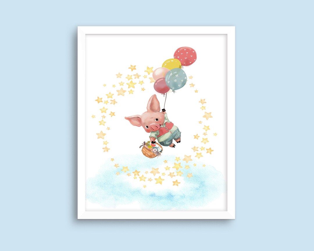 Nursery Wall Art, Pig Flying in the Sky With Balloons, Great Baby ...
