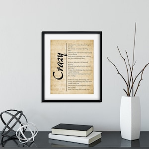 Song Lyrics Print - Crazy, Patsy Cline Wall Art Print, Digital Picture ...