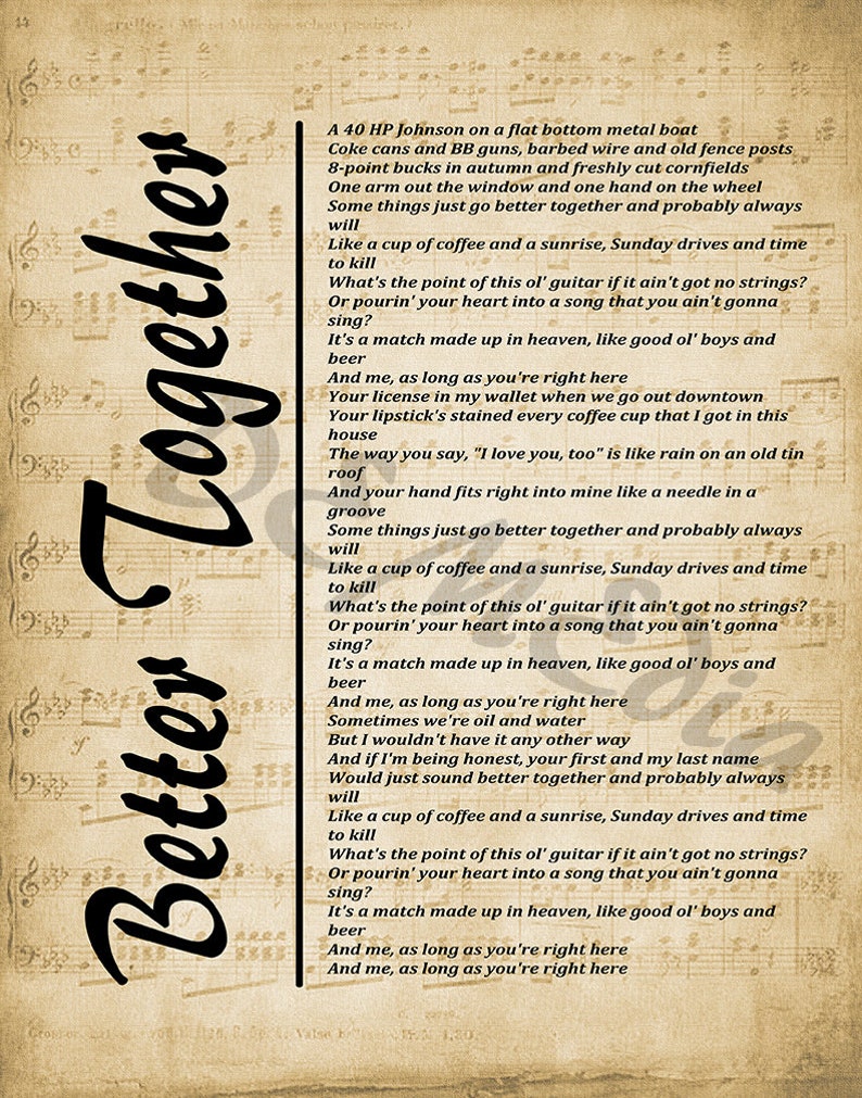 Better Together, Lyrics on Sheet Music Print, Luke Combs Wall Art, Song ...