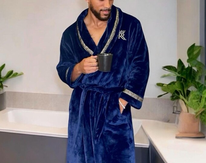 Blue Fleece Robe, Gold Greek Key Trim, Plush Loungewear, Mens XXXL ...
