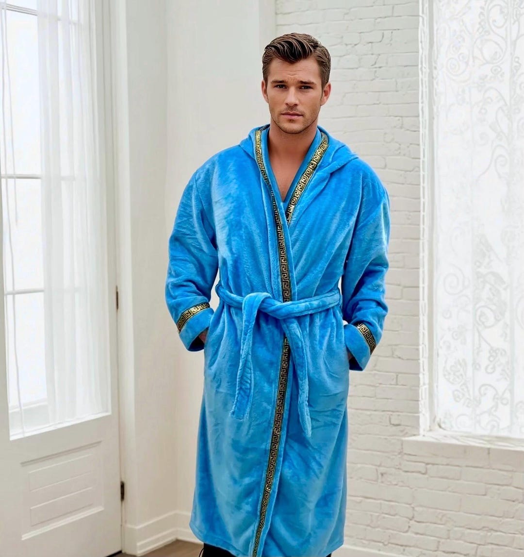 Sky Blue Hooded Royalty Robe With Gold Greek Key Trim, Soft Luxury ...