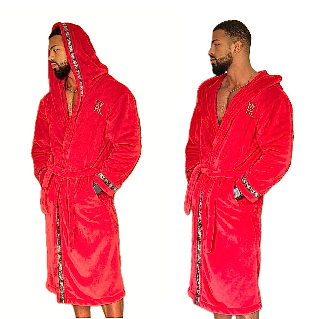 Red Hooded Royalty Robe With Gold Greek Key Trim, Soft Plush Luxury ...