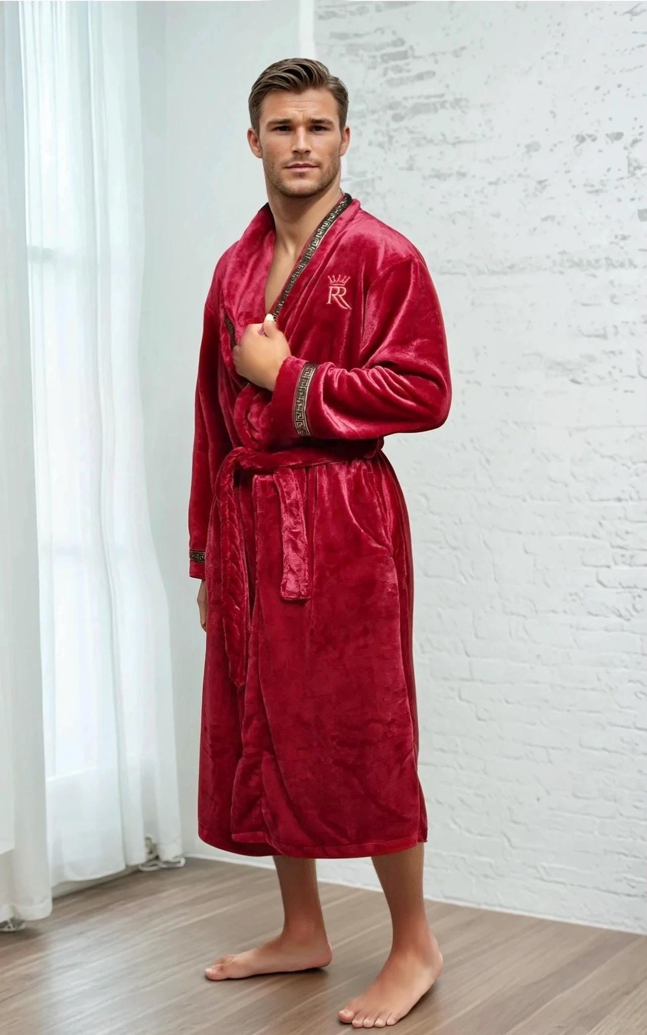 Burgundy Fleece Men's Robe: Luxury Loungewear With Gold Greek Key Trim ...