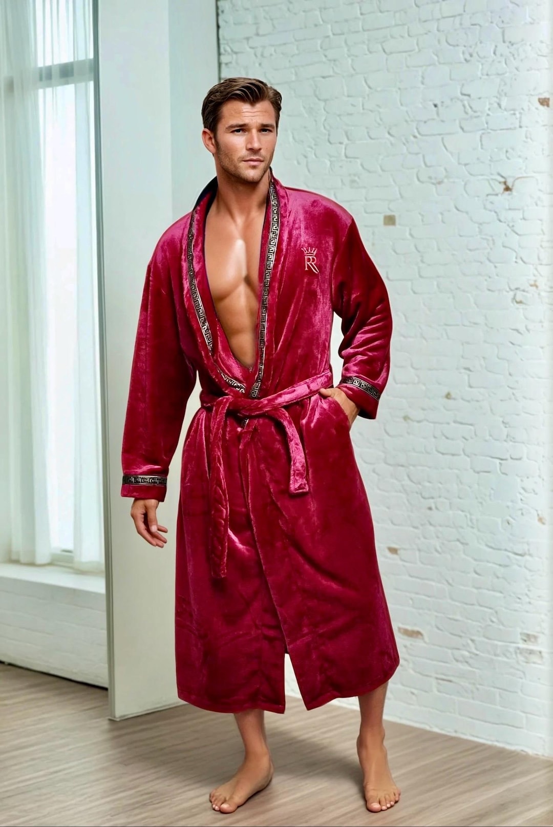 Burgundy Fleece Men's Robe: Luxury Loungewear With Gold Greek Key Trim ...