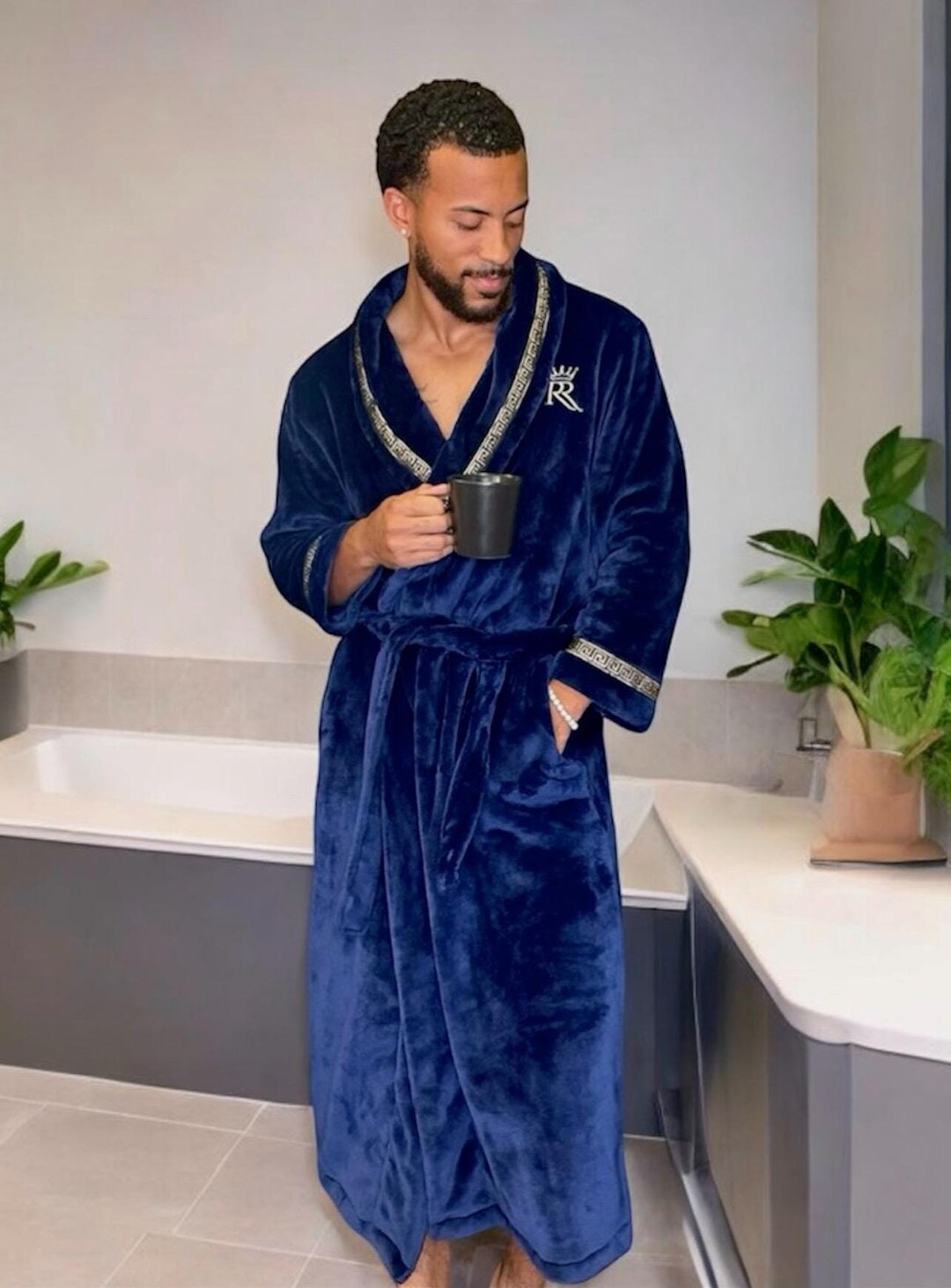 Blue Royalty Robe, With Gold Greek Key Trim, Soft Plush Luxury Designer ...