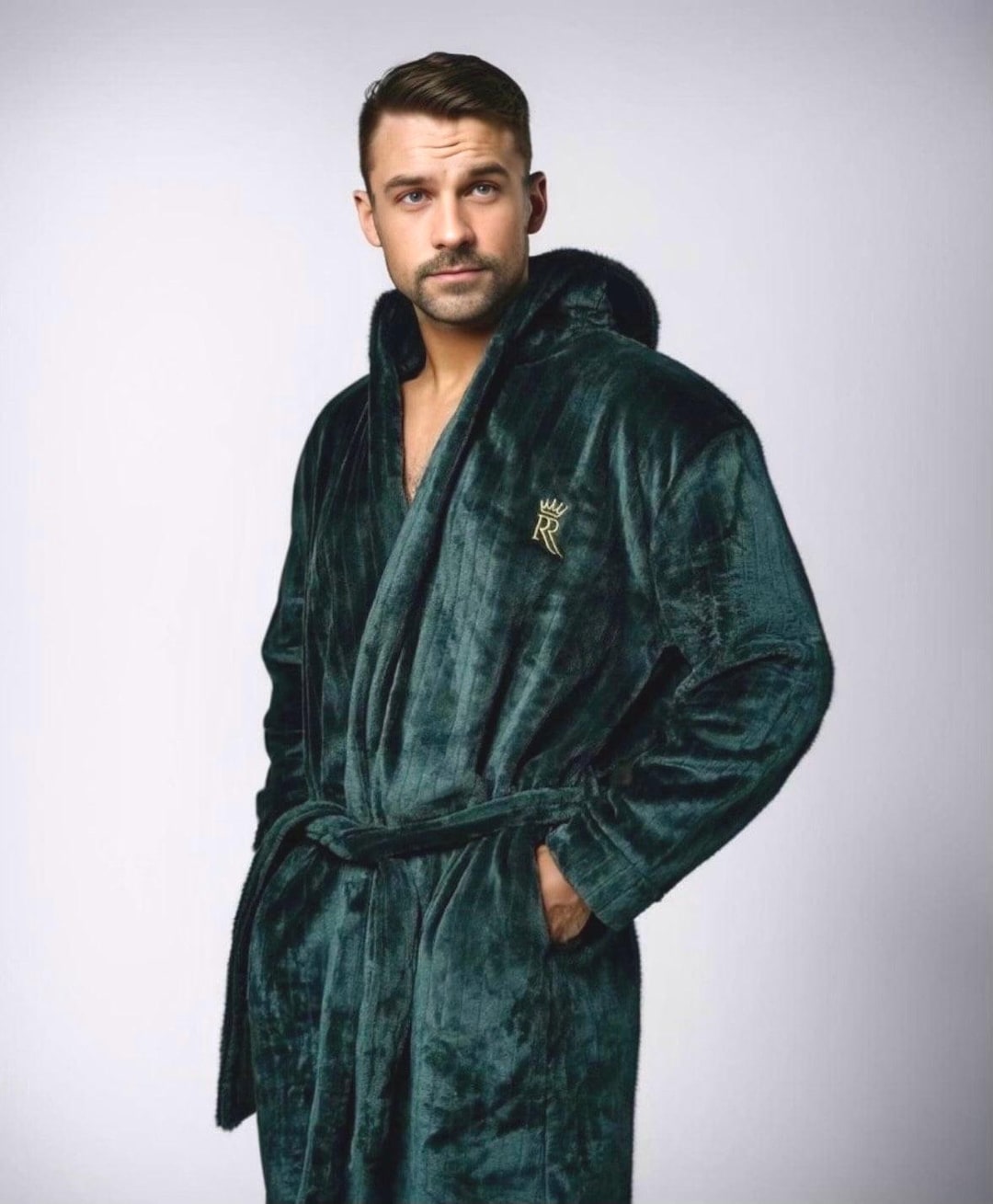 Dark Green Hooded Fleece Bathrobe, Soft Robe With Hood, Loungewear for ...