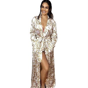 White and Gold Baroque Long Robe With Pockets, Housecoat, Duster ...