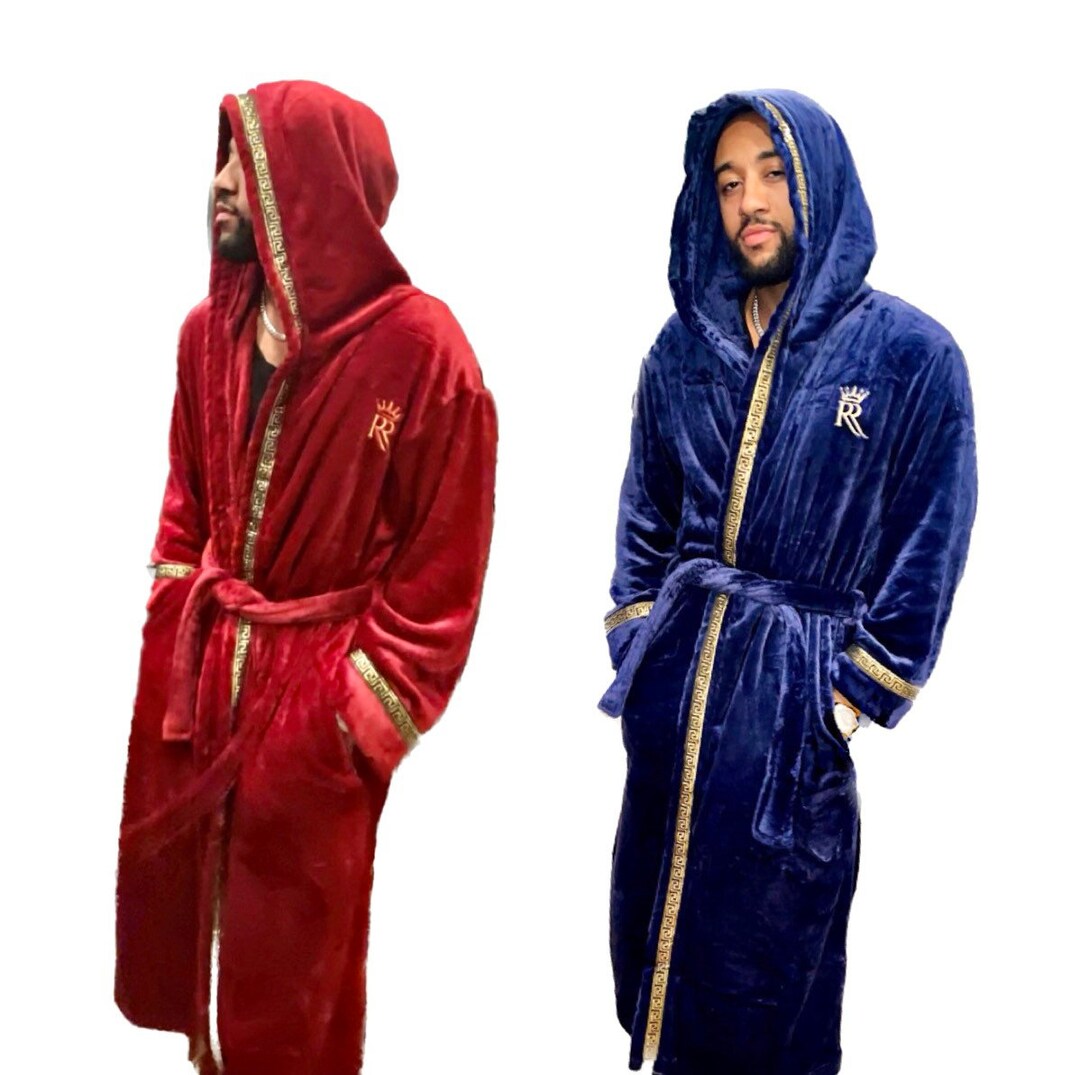 Hooded Royalty Robe, Blue or Red Robe With Gold Greek Key Trim, Soft ...