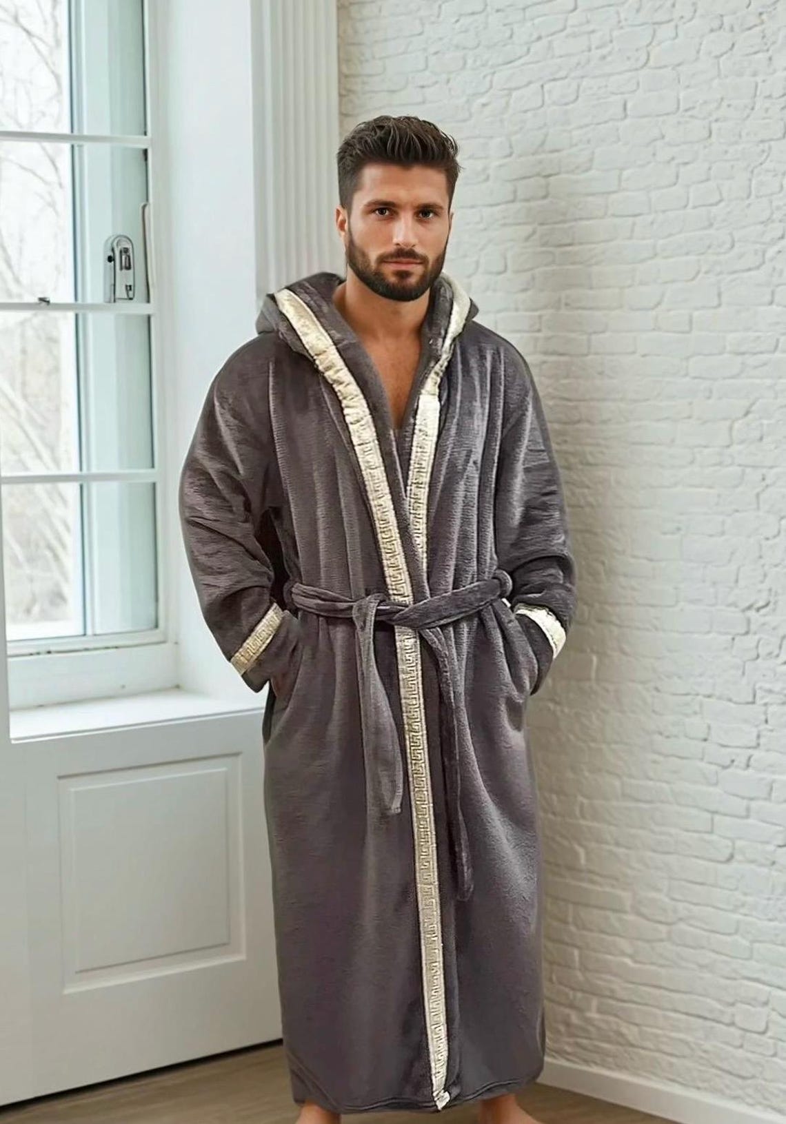 Grey Hooded Fleece Robe: Plush Housecoat With Greek Key Trim, Gray ...