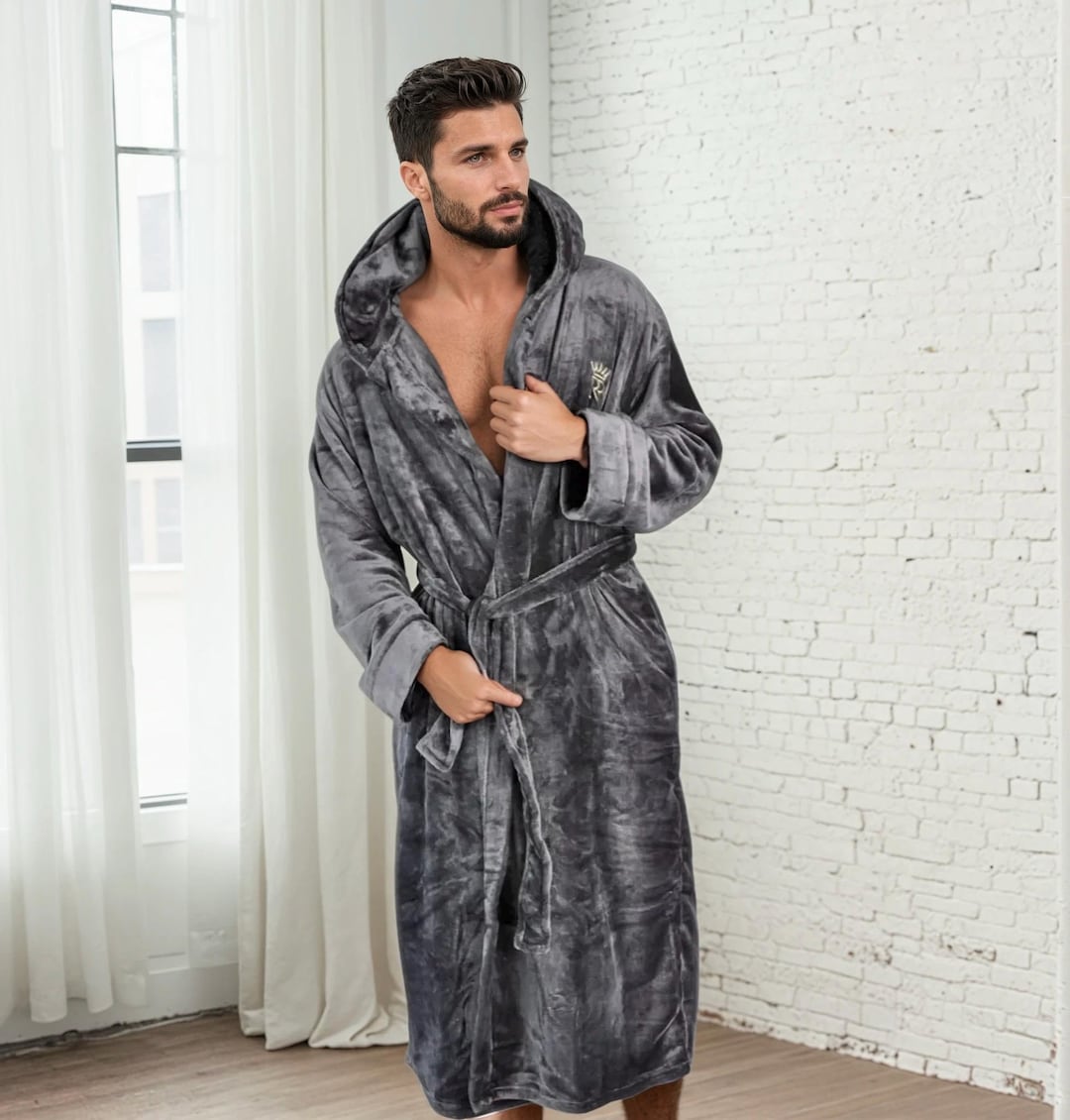 Grey Hooded Royalty Robe, Mens Super Soft Plush Fleece Housecoat With ...