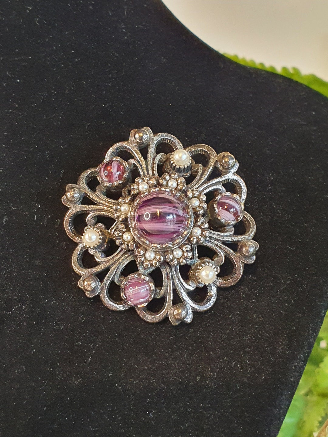 Vintage Silver Coloured Metal Purple Stone and White Pearl Miracle ...