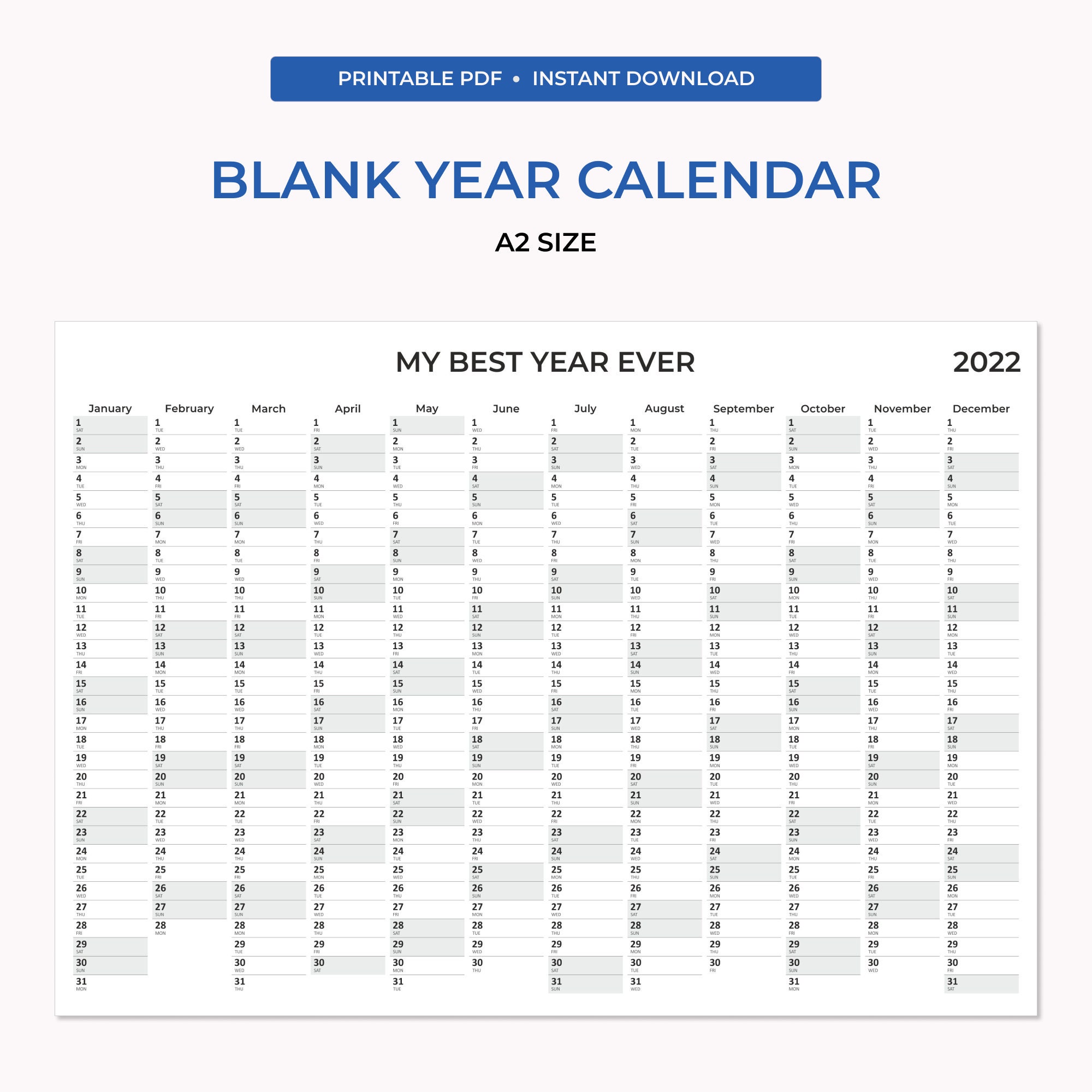 Year Planner Wall Calendar Blank Year Calendar Printable | Etsy