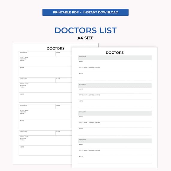 Doctor Printable Doctors Contact List Doctor Info Printable | Etsy