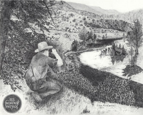 Spotting the Trail Border Patrol Drawing Artwork Illustration | Etsy